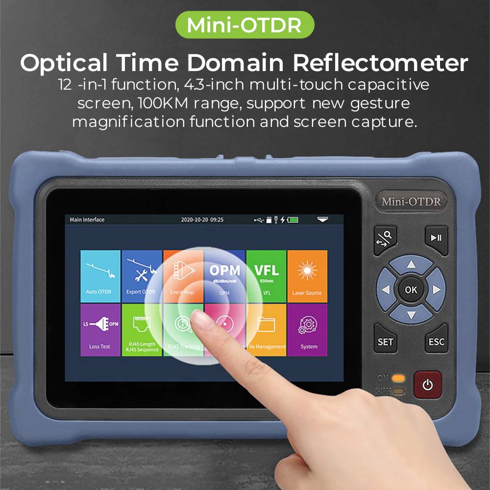 Mini OTDR 100KM Fiber Optic Reflectometer With 12 Functions Touch Scre ...